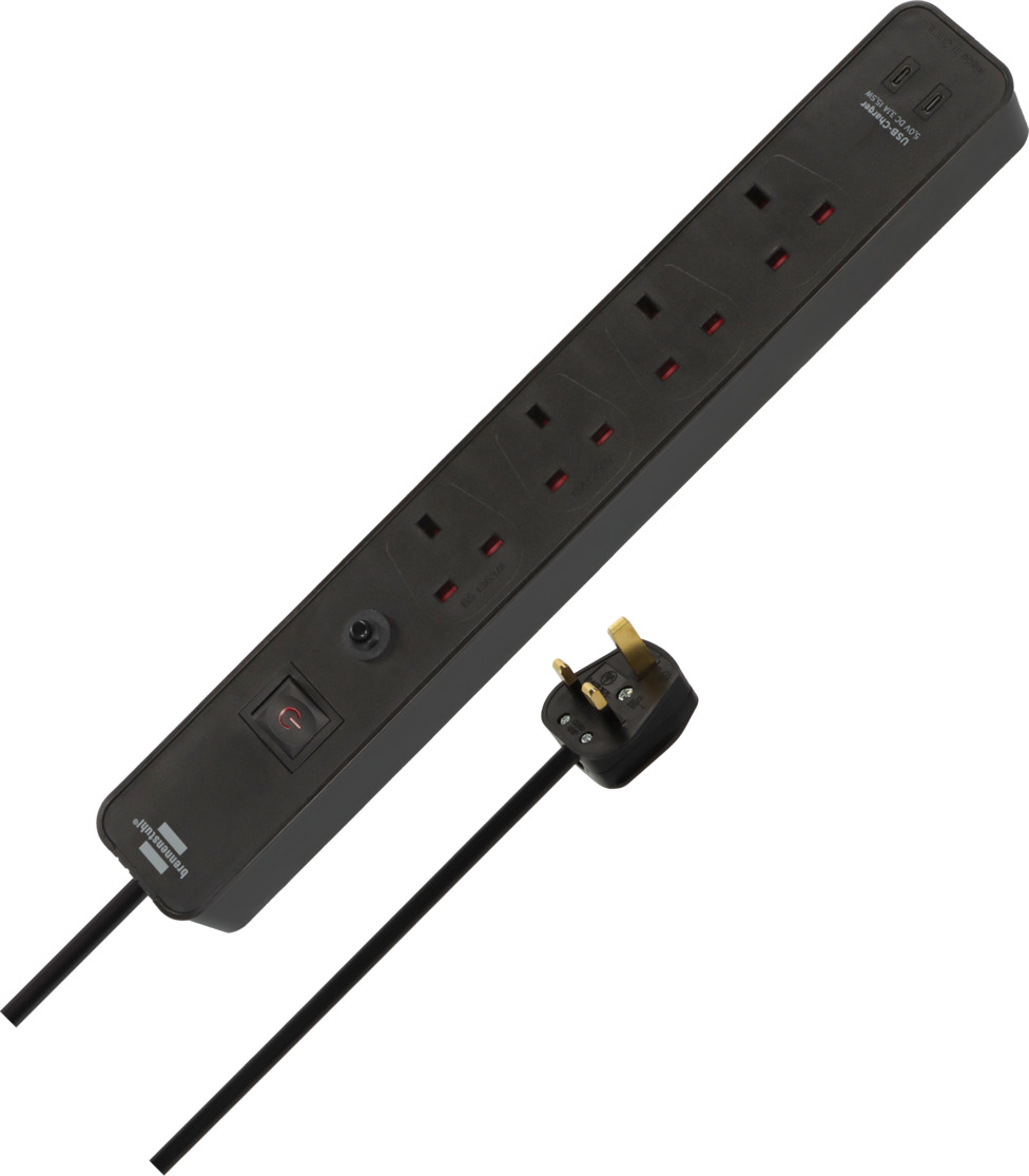 Ecolor extension lead with fuse button 2 USB C charging sockets 4-way ...