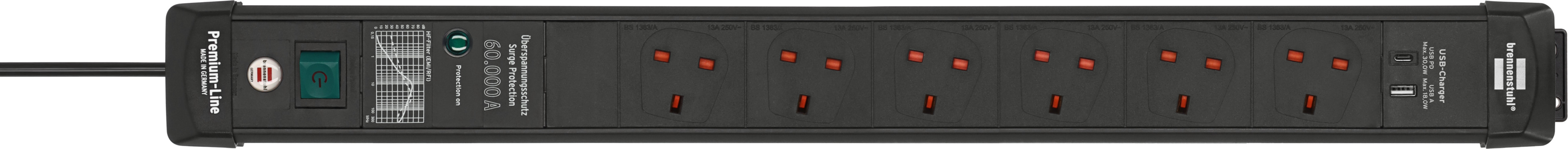 Premium-Line 60.000A Extension Lead With Surge Protection with 1x USB A ...